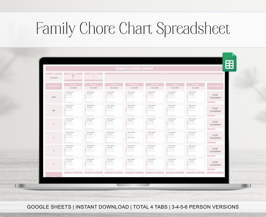 Chore Chart Google Sheets Spreadsheet, Family Weekly Chores Editable ...
