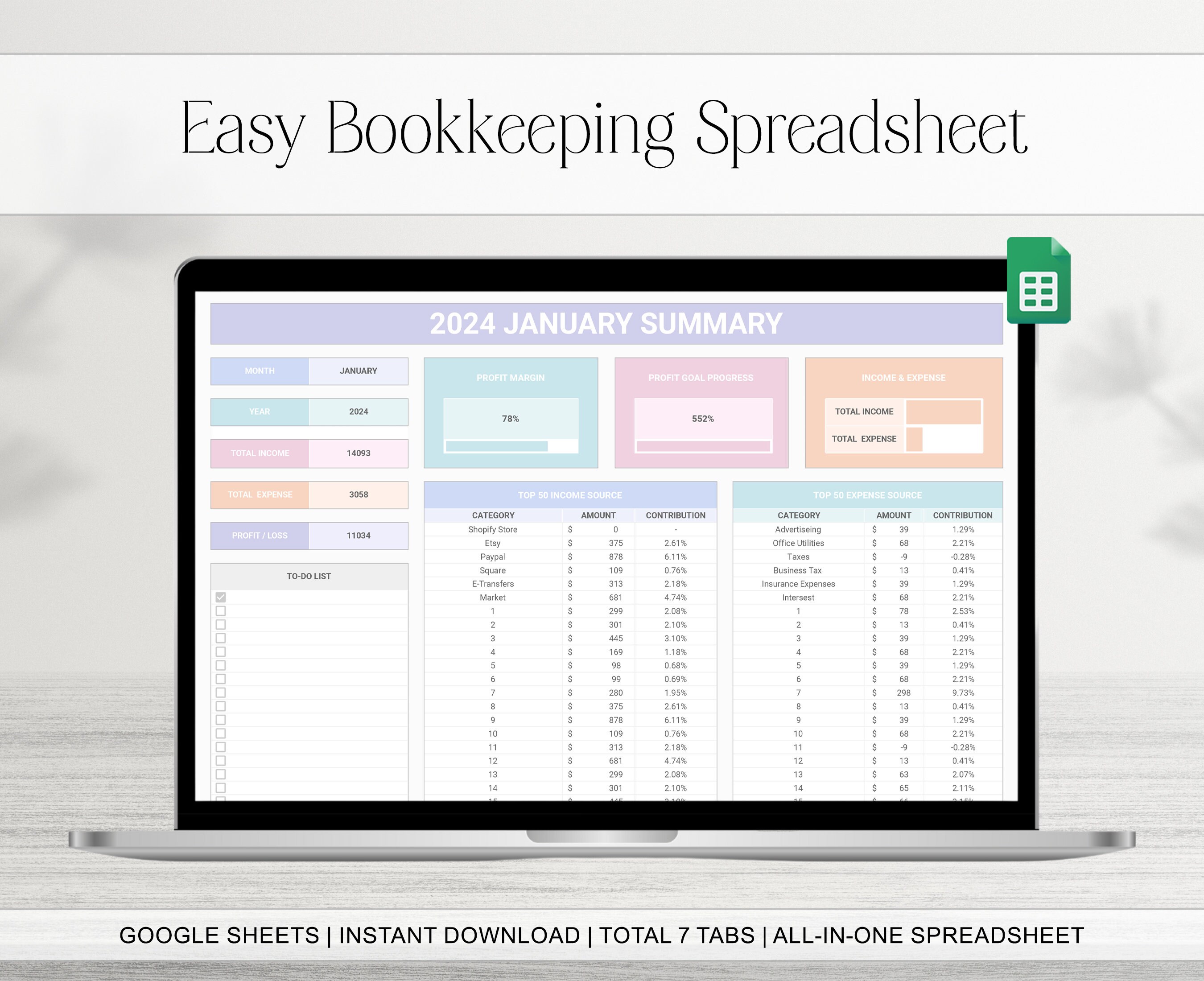 Easy Bookkeeping Google Sheets Spreadsheet, Small Business Income and Expense Tracker ...