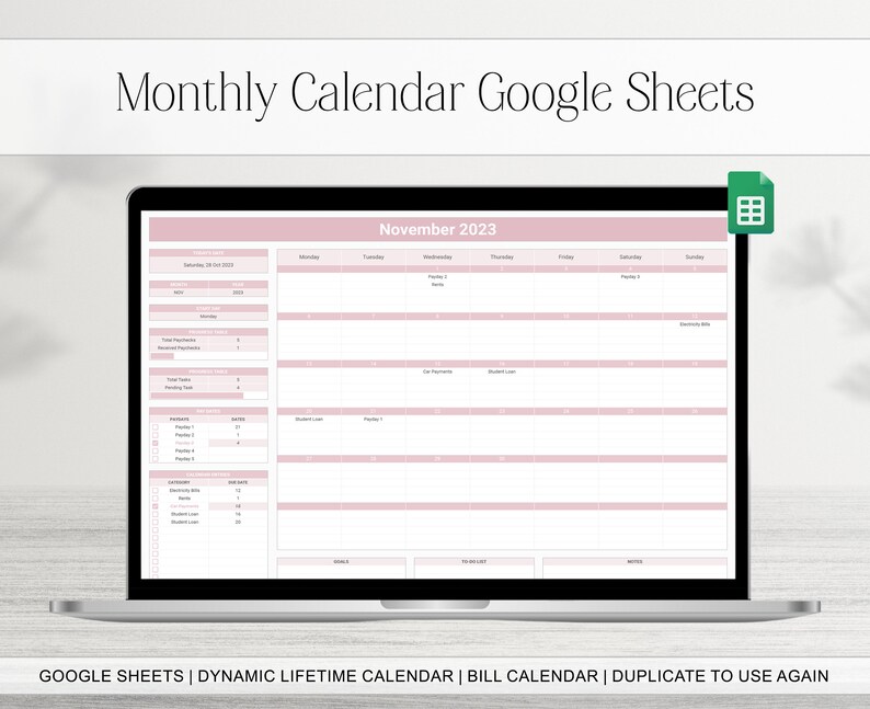2024 2025 Monthly Calendar Google Sheets Spreadsheet, Automated Annual ...