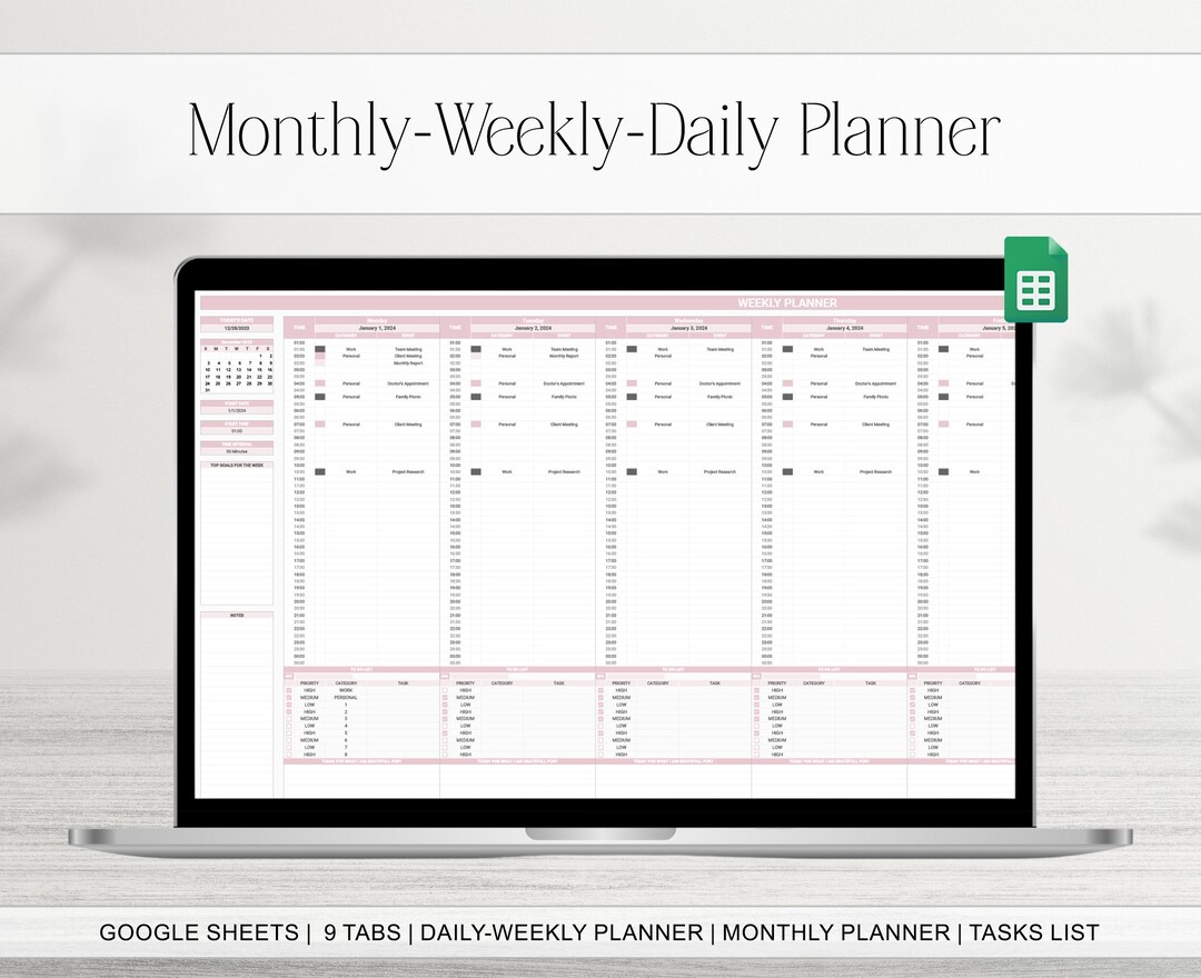 Daily Weekly Monthly Planner Spreadsheet, 2024 2025 Dynamic Google ...