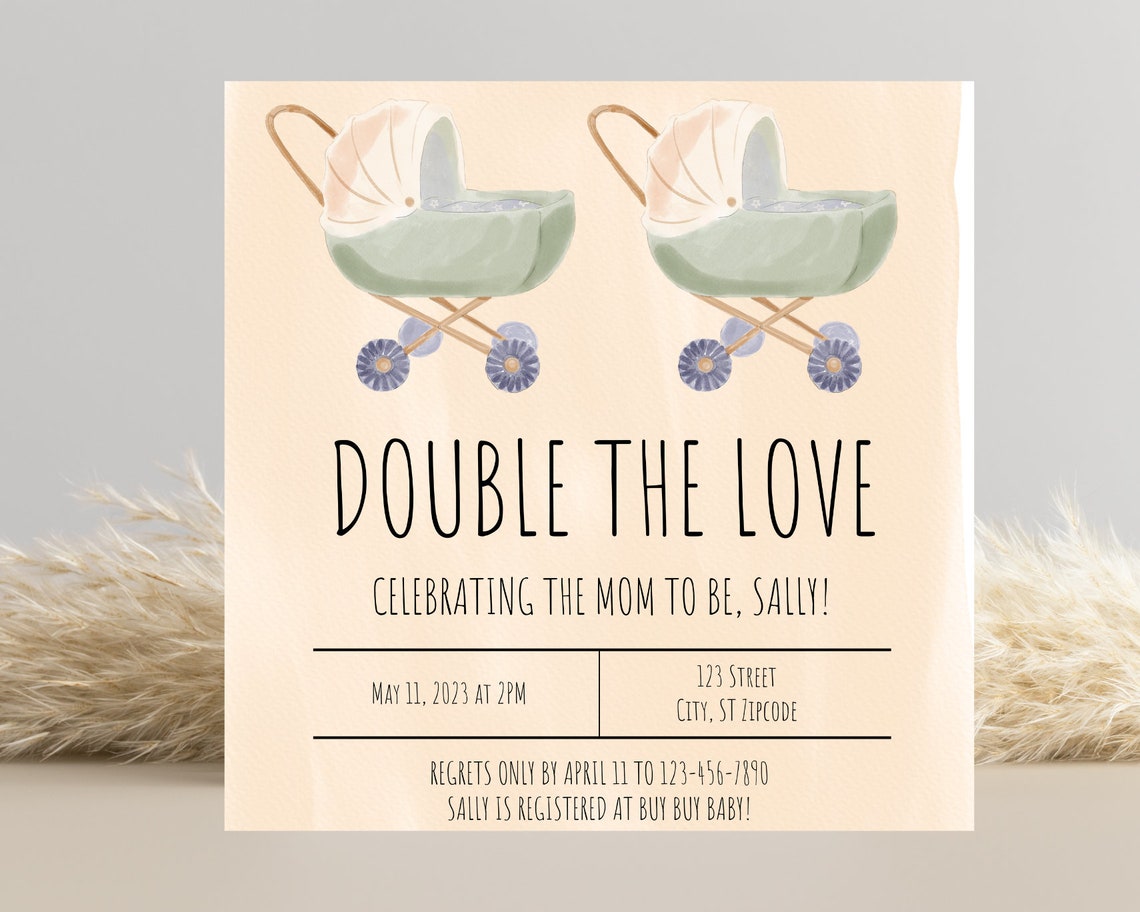 Double the Love Baby Shower Invitation - Editable Template - Twins Baby ...