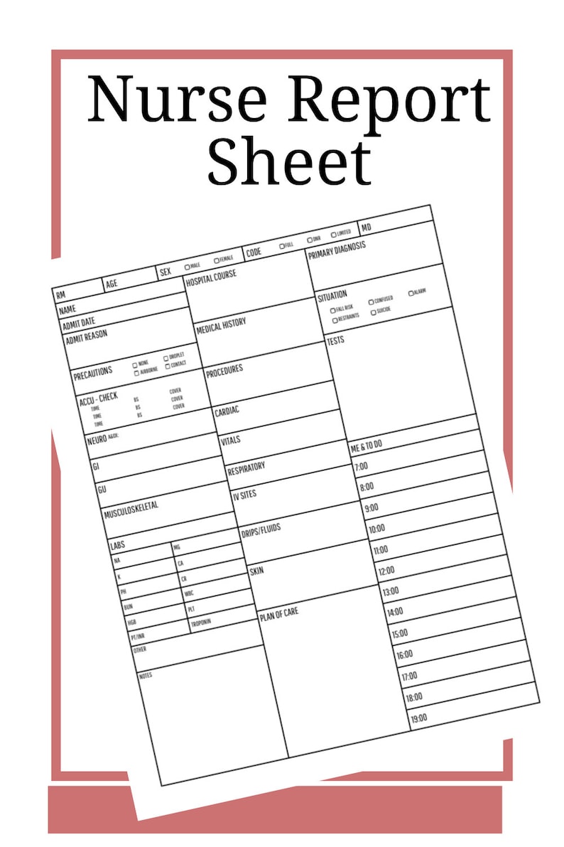 Nurse Report Sheet, Report Sheet, Nurse Report, RN Report Sheet, Nurse ...
