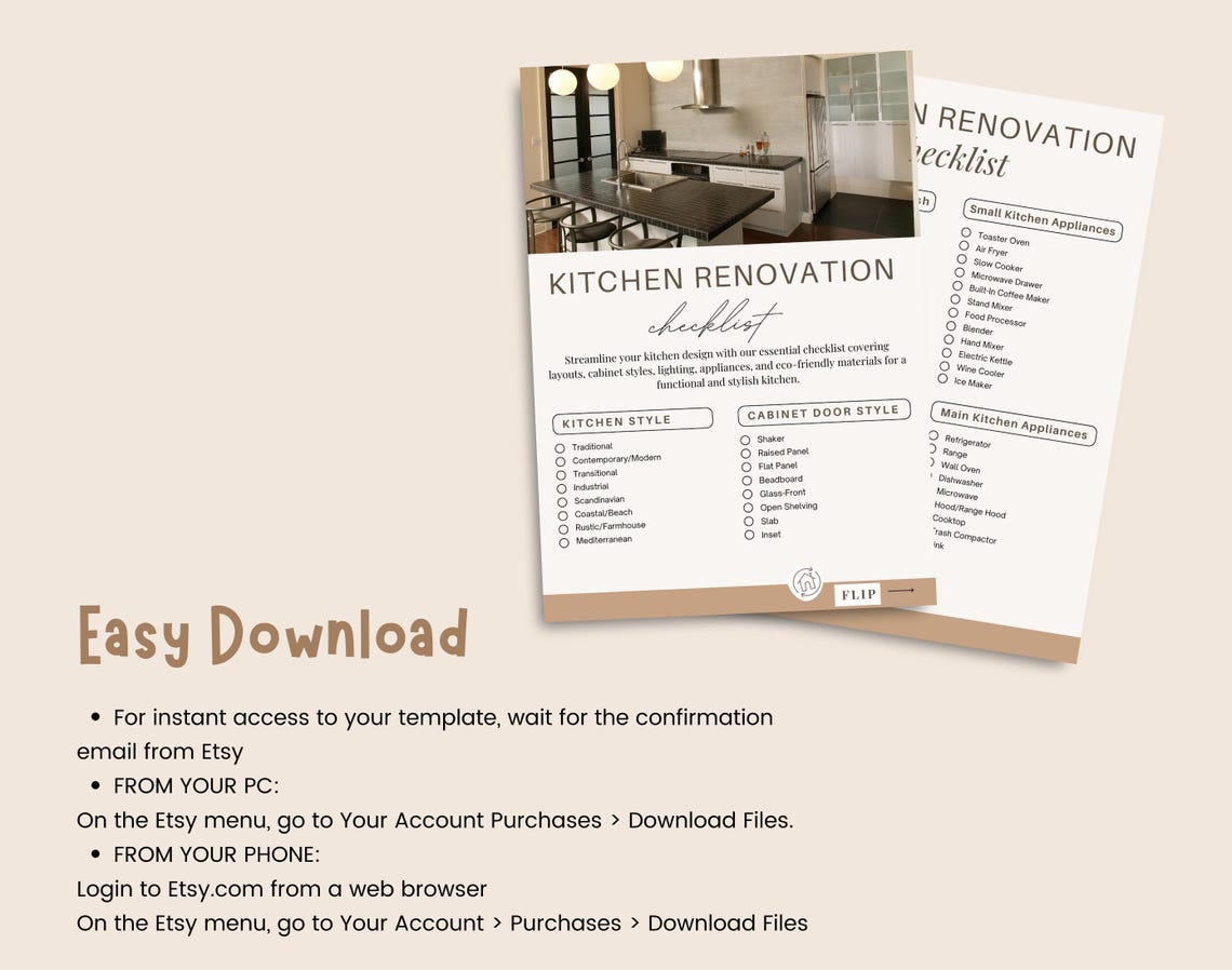 Easy Printable Kitchen Remodel Redesign Renovation Checklist: Instant ...