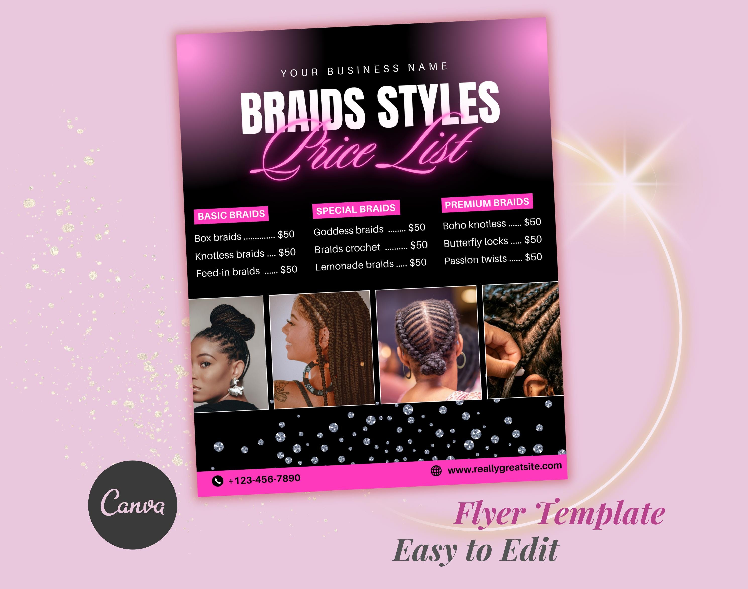 Hair Braids Pricelist, Braiding Styles Price Guide, DIY Price Sheet ...
