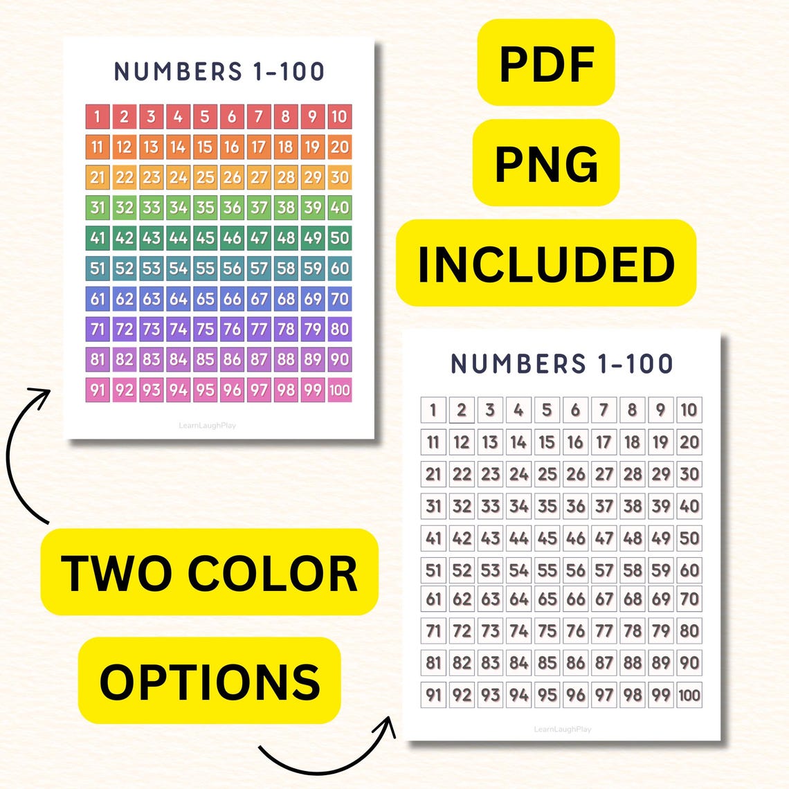 1-100 Numbers Chart Printable | Rainbow & Black and White | Kids ...
