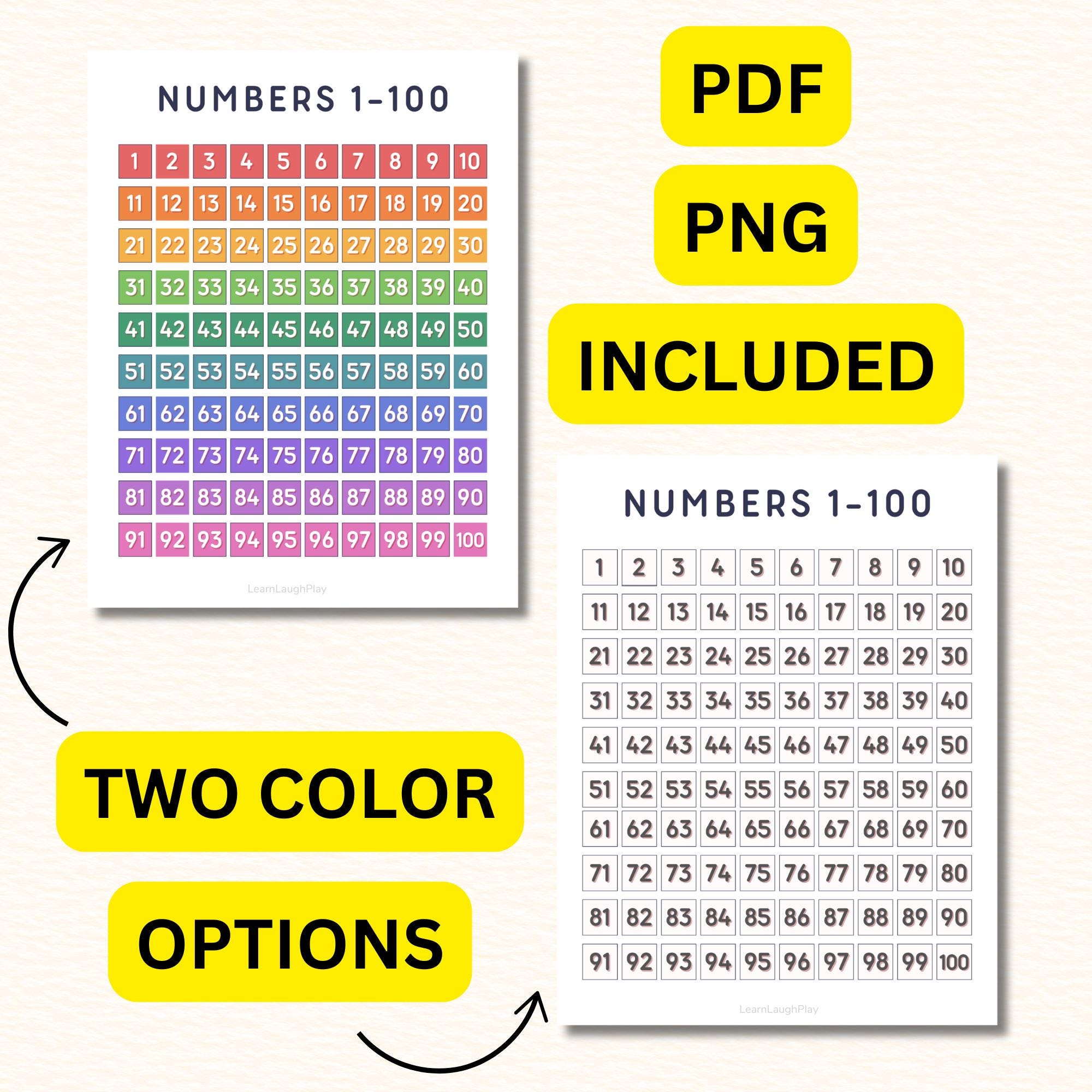 1-100 Numbers Chart Printable | Rainbow & Black and White | Kids ...