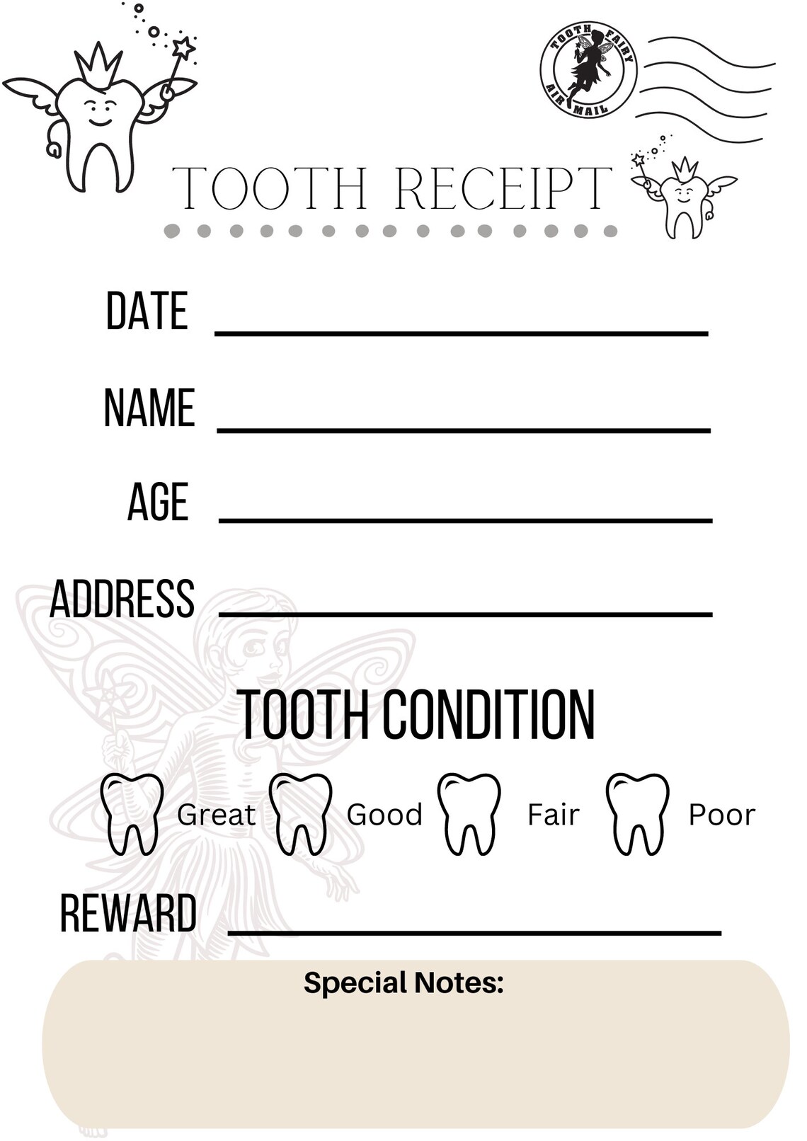 Tooth Fairy Printable, Printable Fillable Tooth Receipt for Kids ...