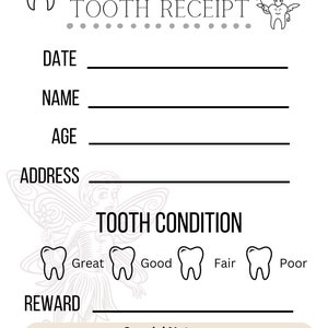 Tooth Fairy Printable, Printable Fillable Tooth Receipt for Kids ...
