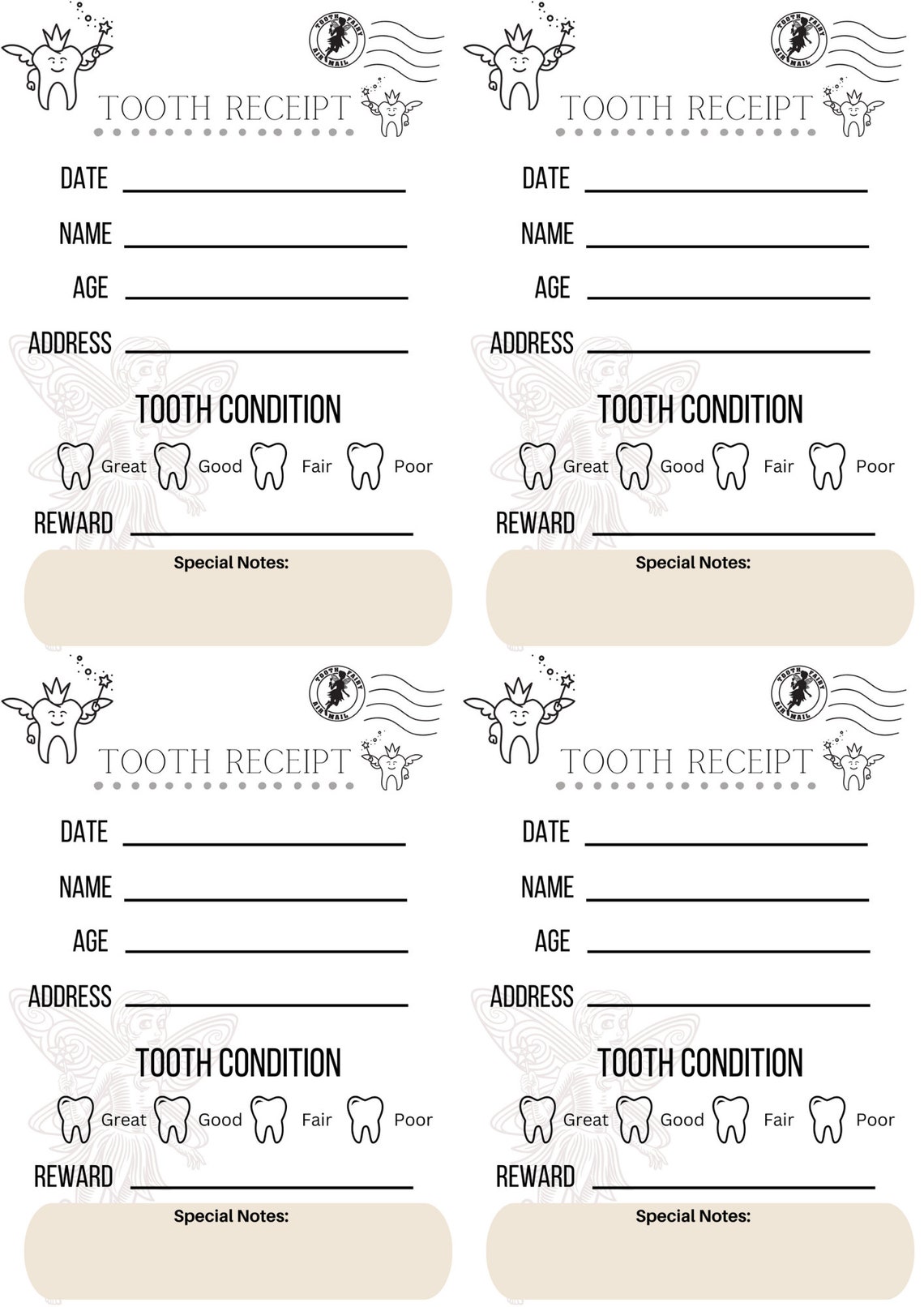 Tooth Fairy Printable, Printable Fillable Tooth Receipt for Kids ...