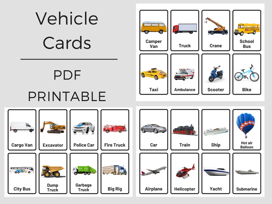 Real VEHICLES, 24 Montessori Cards, Flash Cards, PDF Printable ...
