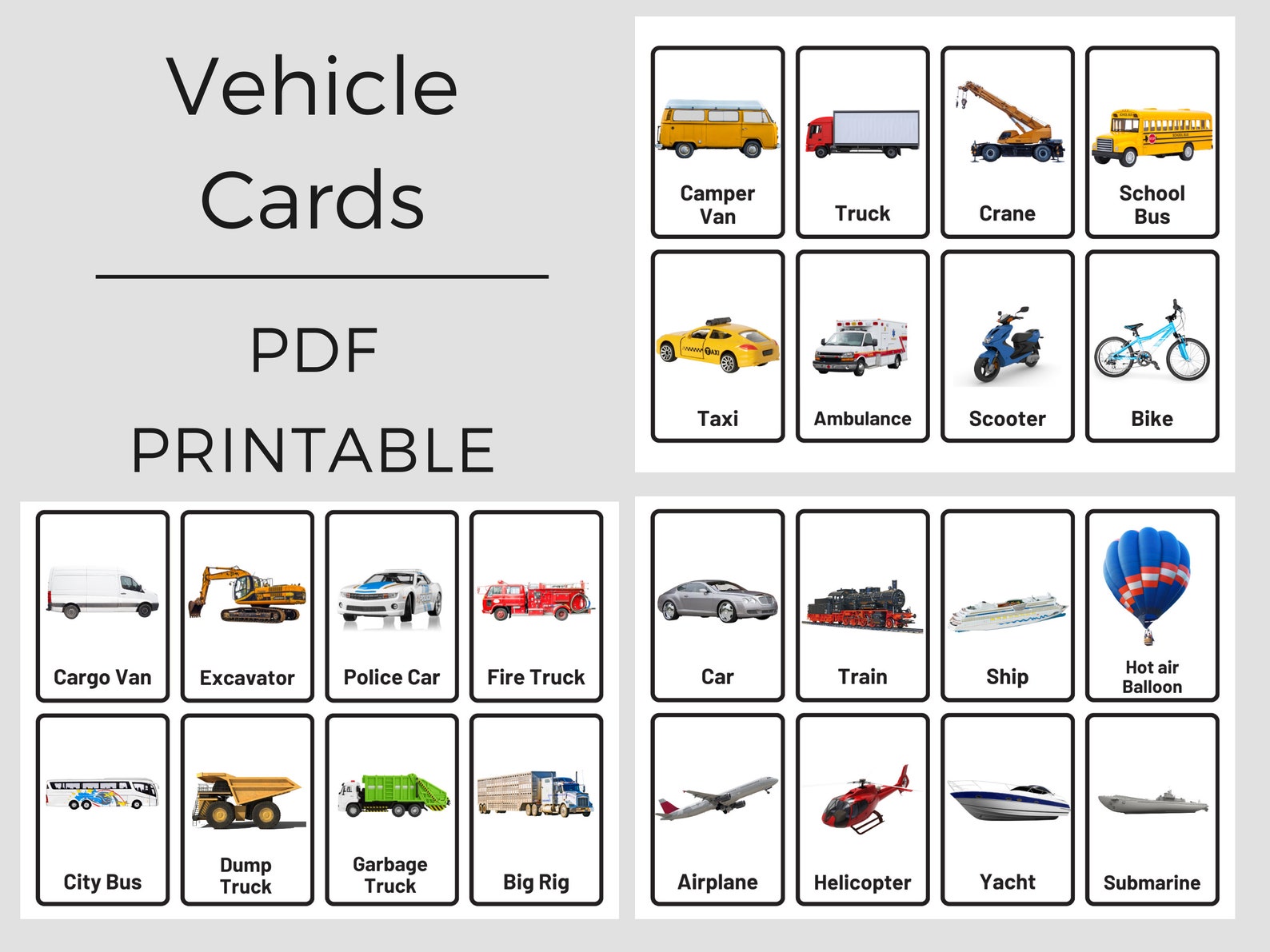 Real VEHICLES, 24 Montessori Cards, Flash Cards, PDF Printable ...