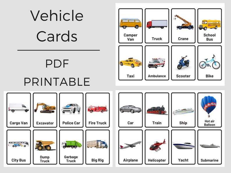 Real VEHICLES, 24 Montessori Cards, Flash Cards, PDF Printable ...