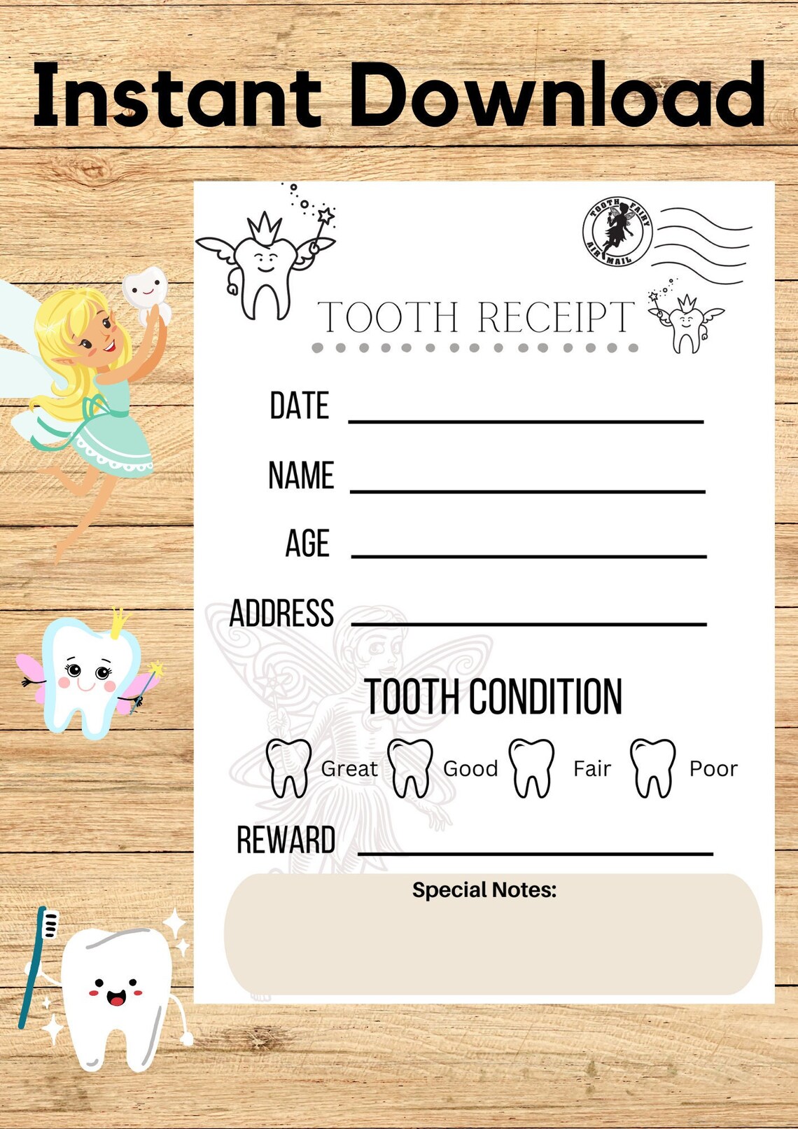 Tooth Fairy Printable, Printable Fillable Tooth Receipt for Kids ...