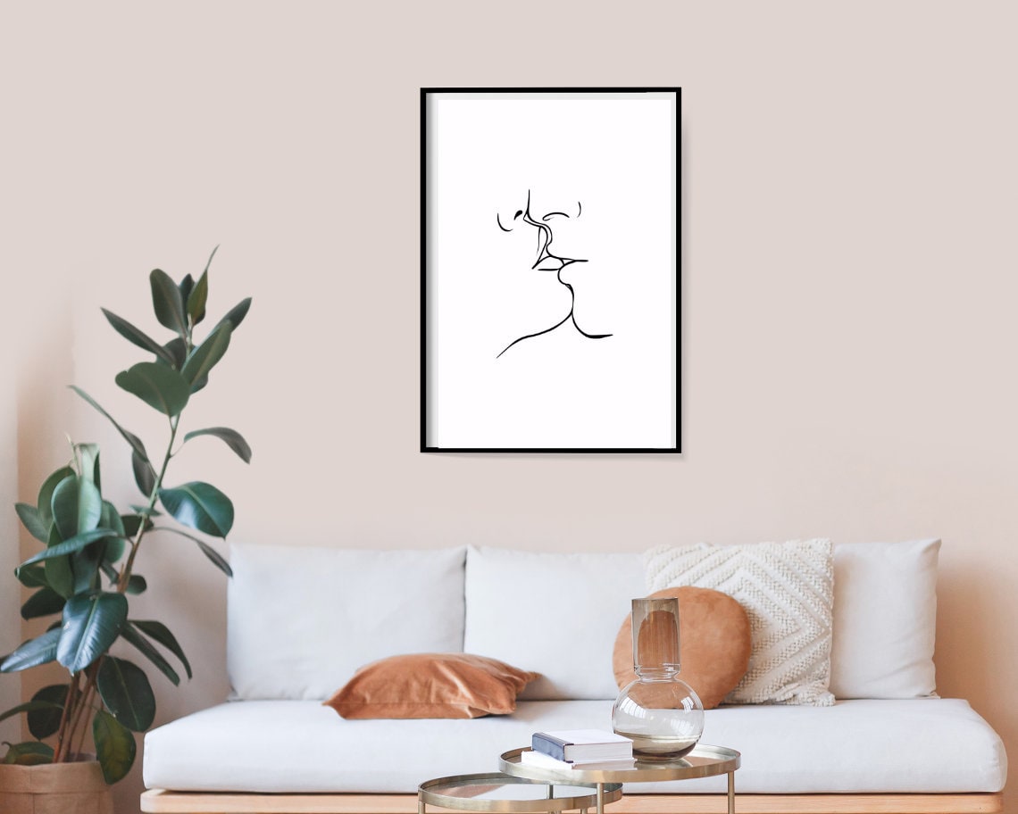 Romantic Line Art Couple Kissing | Minimalist Digital Print | Instant ...