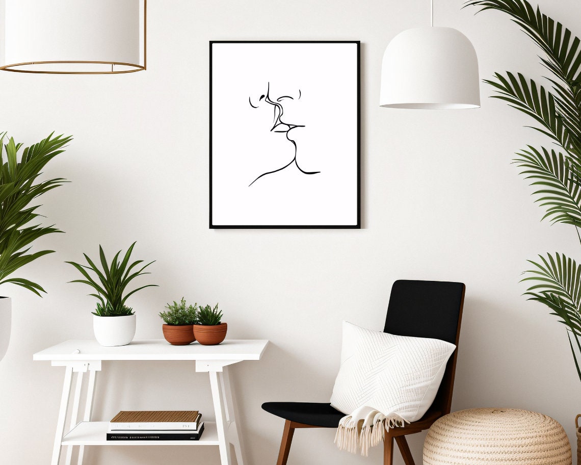Romantic Line Art Couple Kissing | Minimalist Digital Print | Instant ...