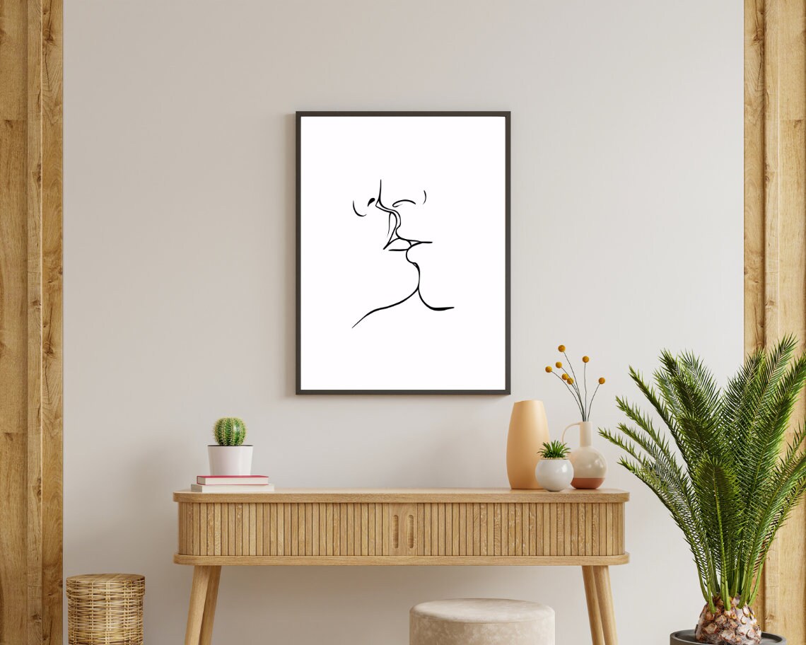 Romantic Line Art Couple Kissing | Minimalist Digital Print | Instant ...
