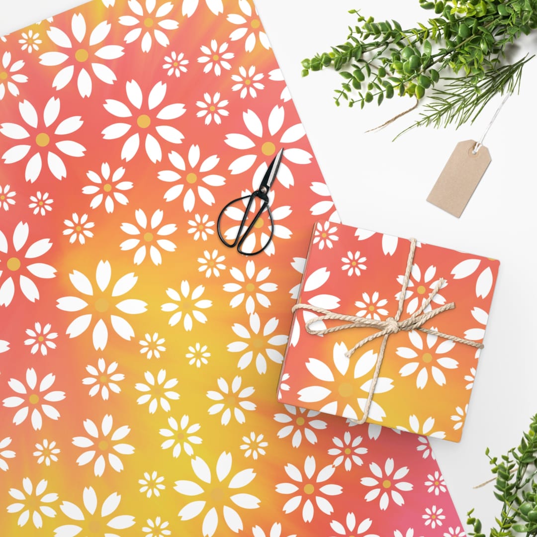 Citrus Colored Daisy Wrapping Paper Yellow Pink Orange Daisy Gift Wrap ...