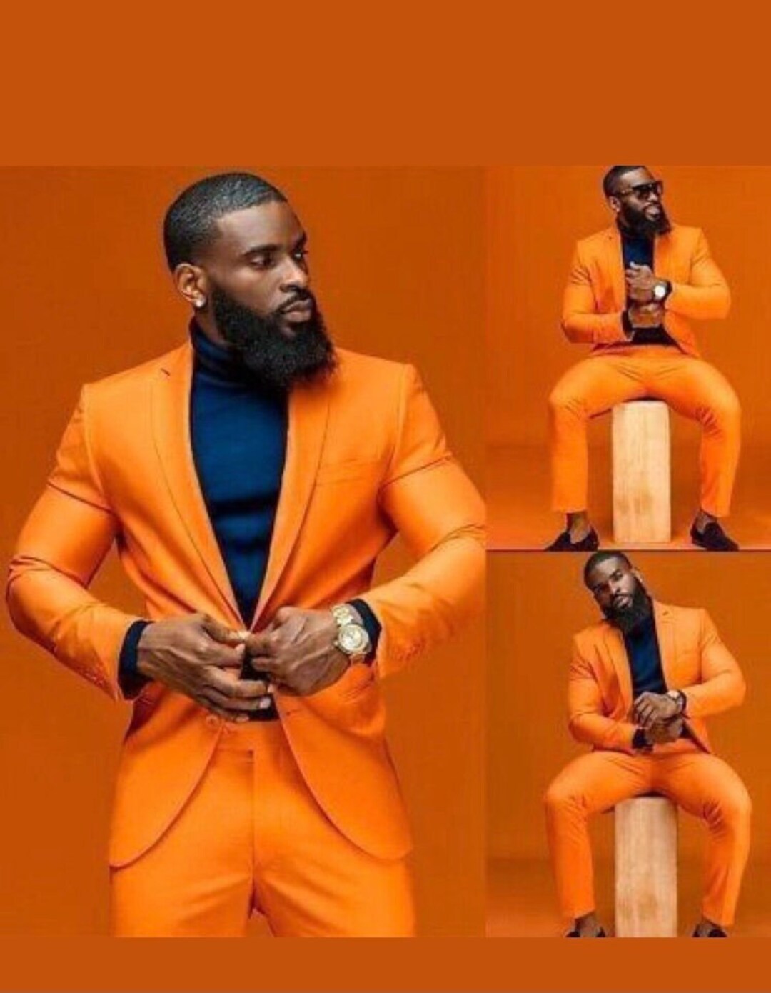 Men Suits Orange 2 Piece Slim Fit Elegant Suit, Formal Fashion Two ...