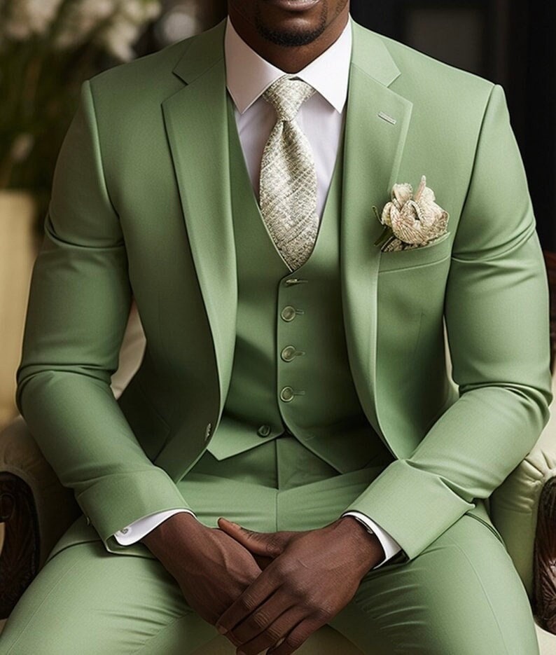 Men Suits Sage Green 3 Piece Slim Fit Elegant Formal Fashion Suits Groom Wedding Suits Party ...