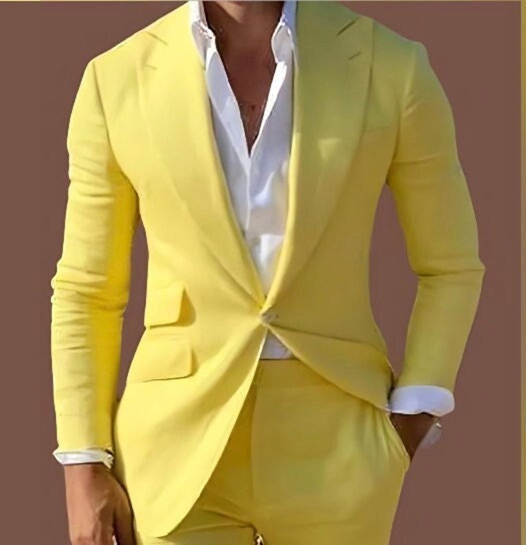 Men Suit Yellow 2 Piece Wedding Slim Fit Suit One Button Elegant Formal ...