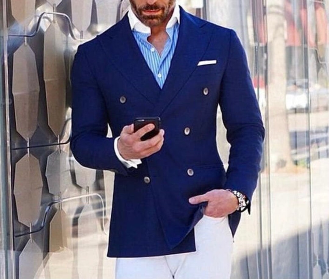 Mens Blue Double Breasted Stylish Party Wear Dinner Jacket Men Groom ...