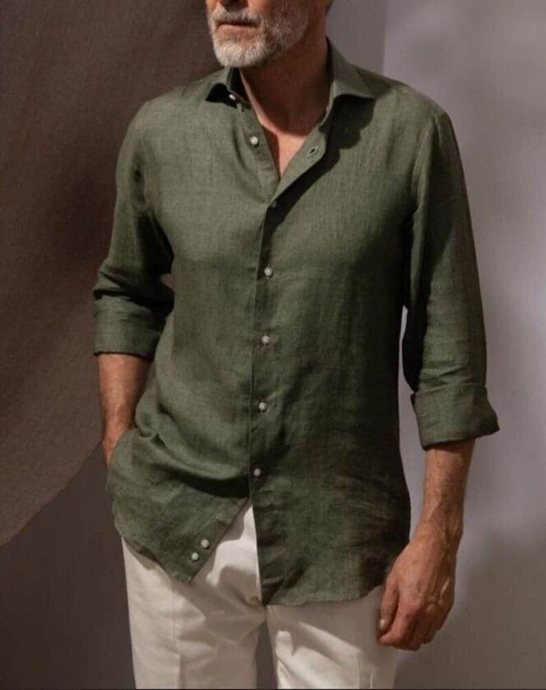 Long-sleeved Men's Green Linen Shirt, Summer Linen Shirt With Pockets ...