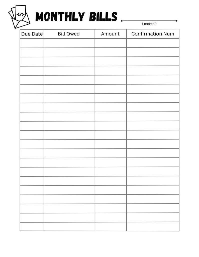 Monthly Bill Payment Record Keeper, Printable Bill Payment Sheet, Print ...