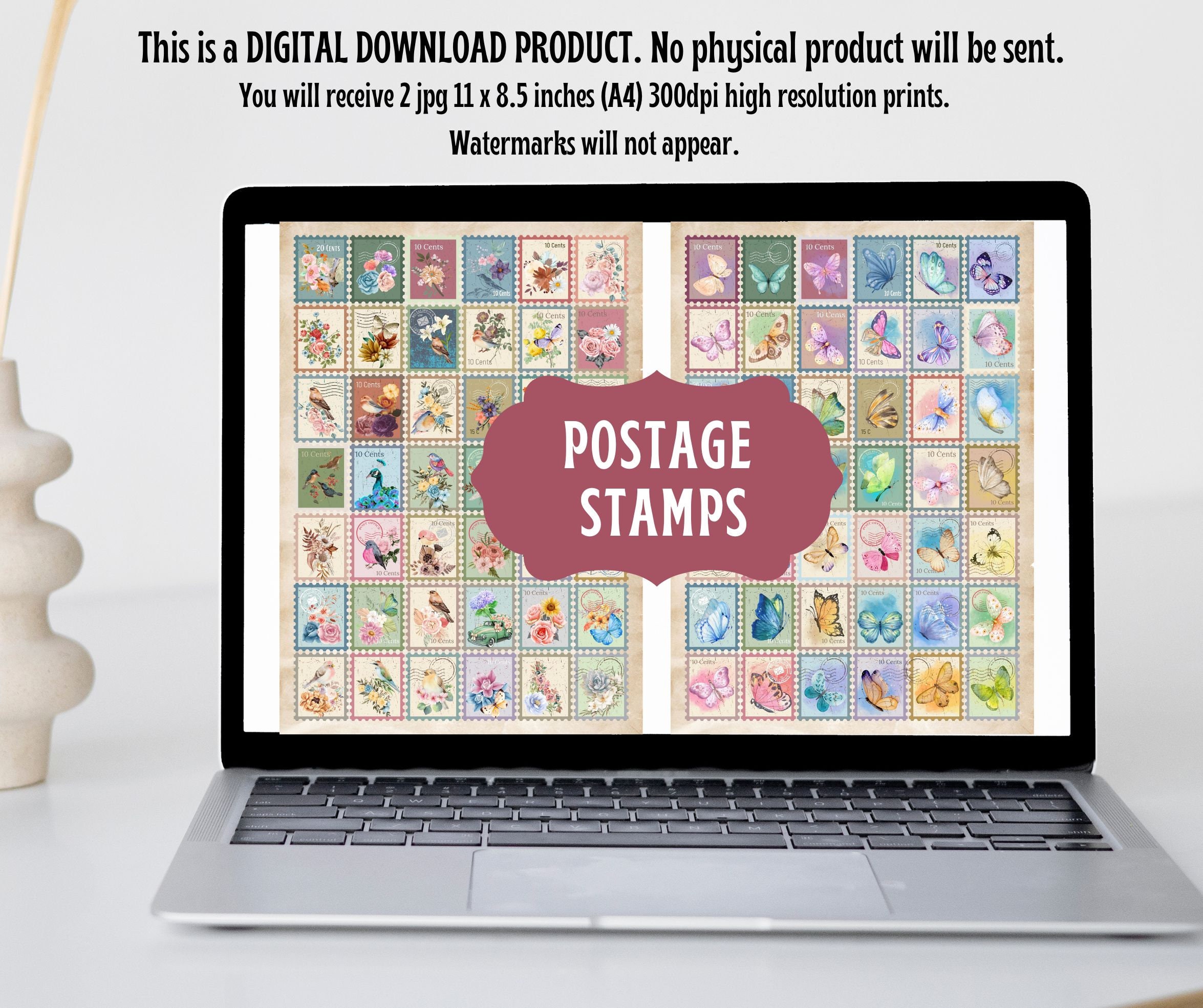 Printable VINTAGE POST STAMPS Sheets, Junk Journal Ephemera, Flowers ...