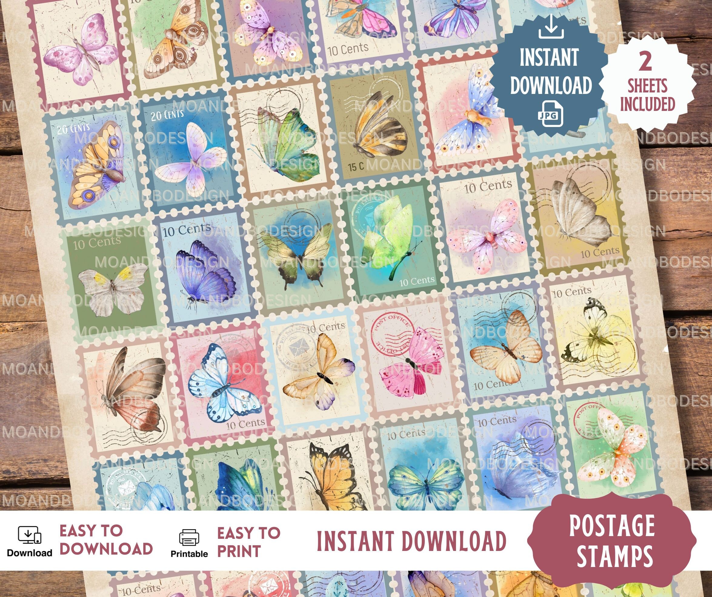 Printable VINTAGE POST STAMPS Sheets, Junk Journal Ephemera, Flowers ...