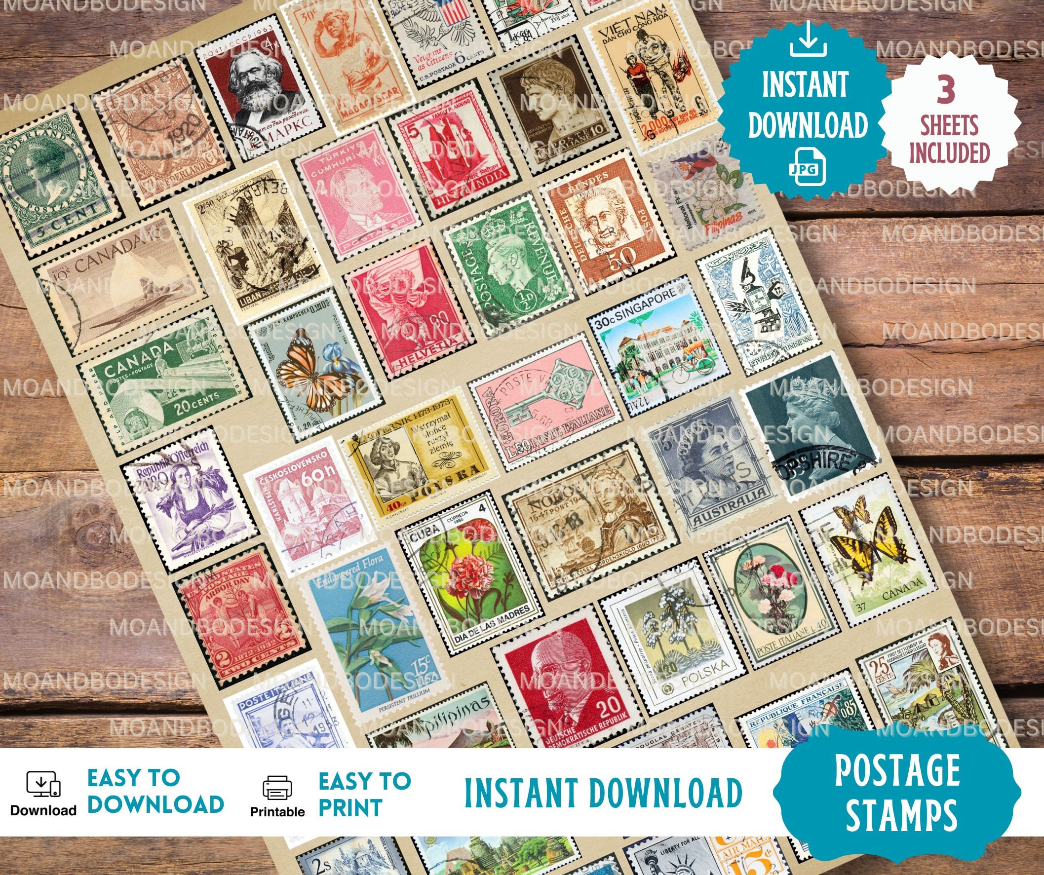 Printable VINTAGE POST STAMPS 3 Pieces A4 Sheets, Junk Journal Stamps ...