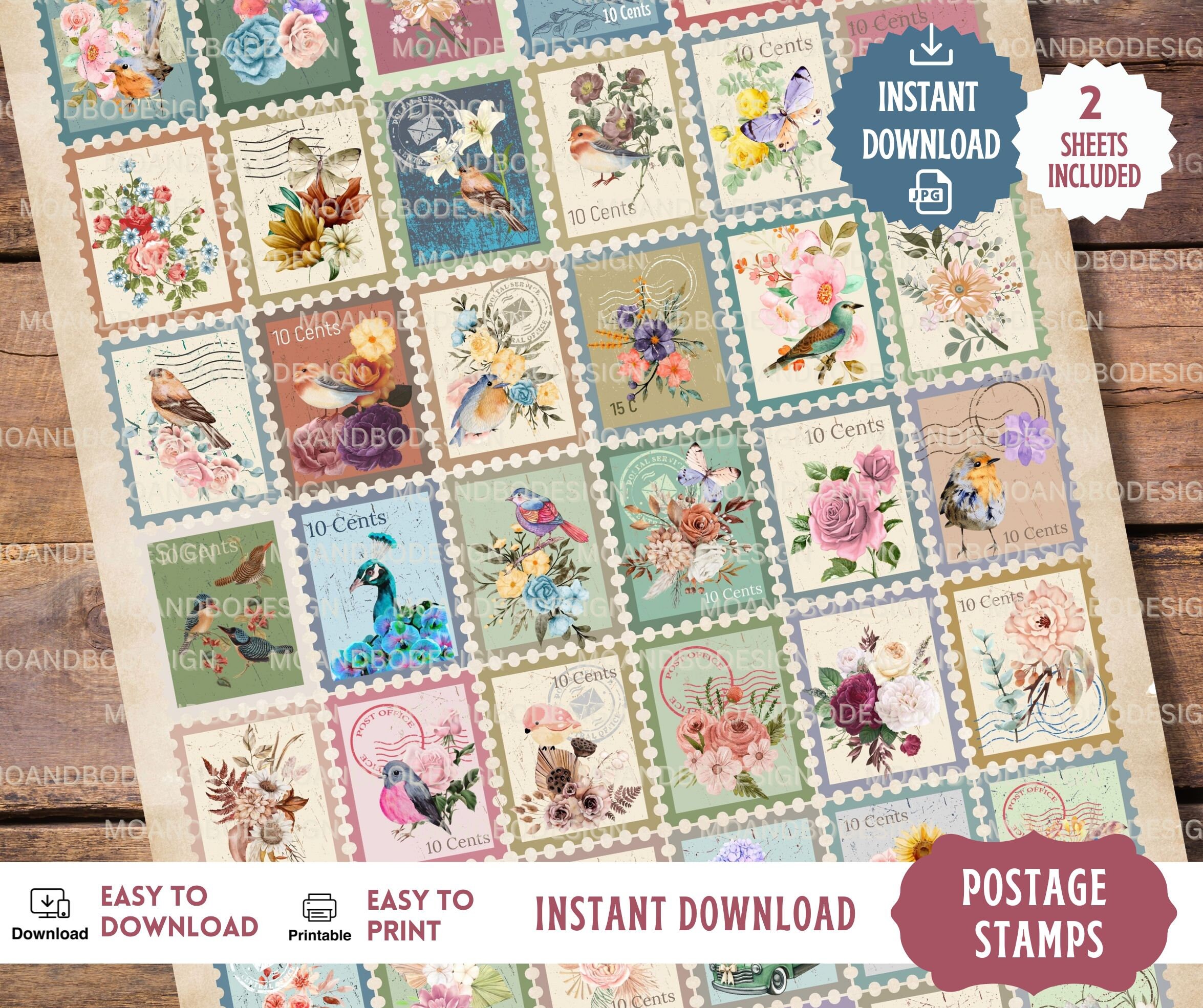 Printable VINTAGE POST STAMPS Sheets, Junk Journal Ephemera, Flowers ...
