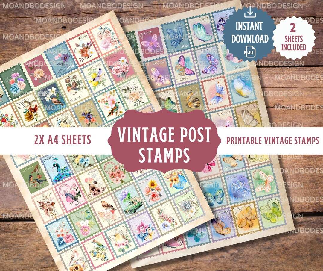 Printable VINTAGE POST STAMPS Sheets, Junk Journal Ephemera, Flowers ...