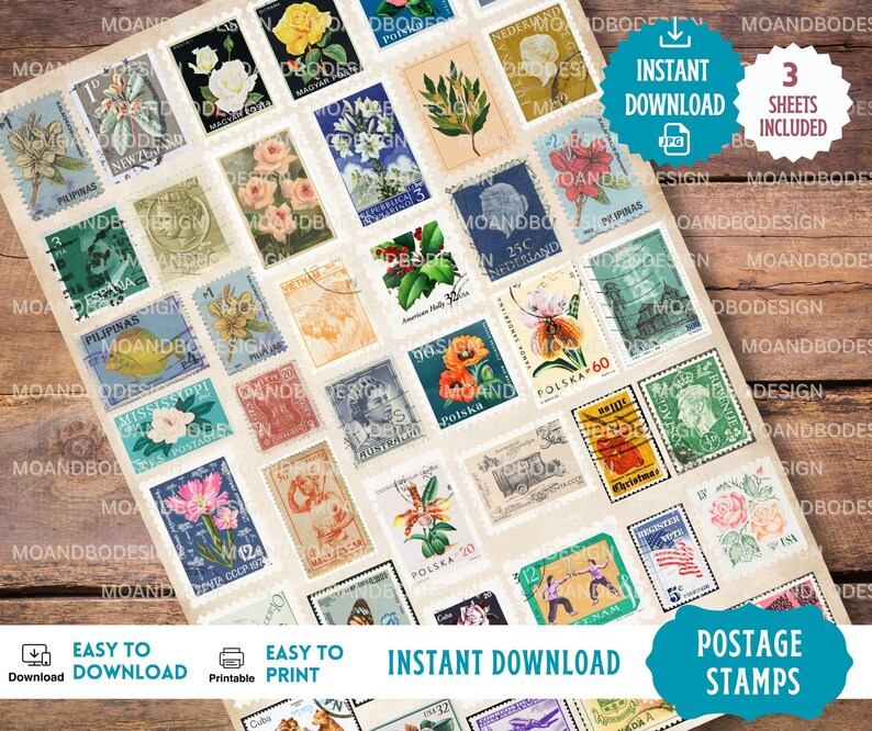 Printable VINTAGE POST STAMPS 3 Pieces A4 Sheets, Junk Journal Stamps ...