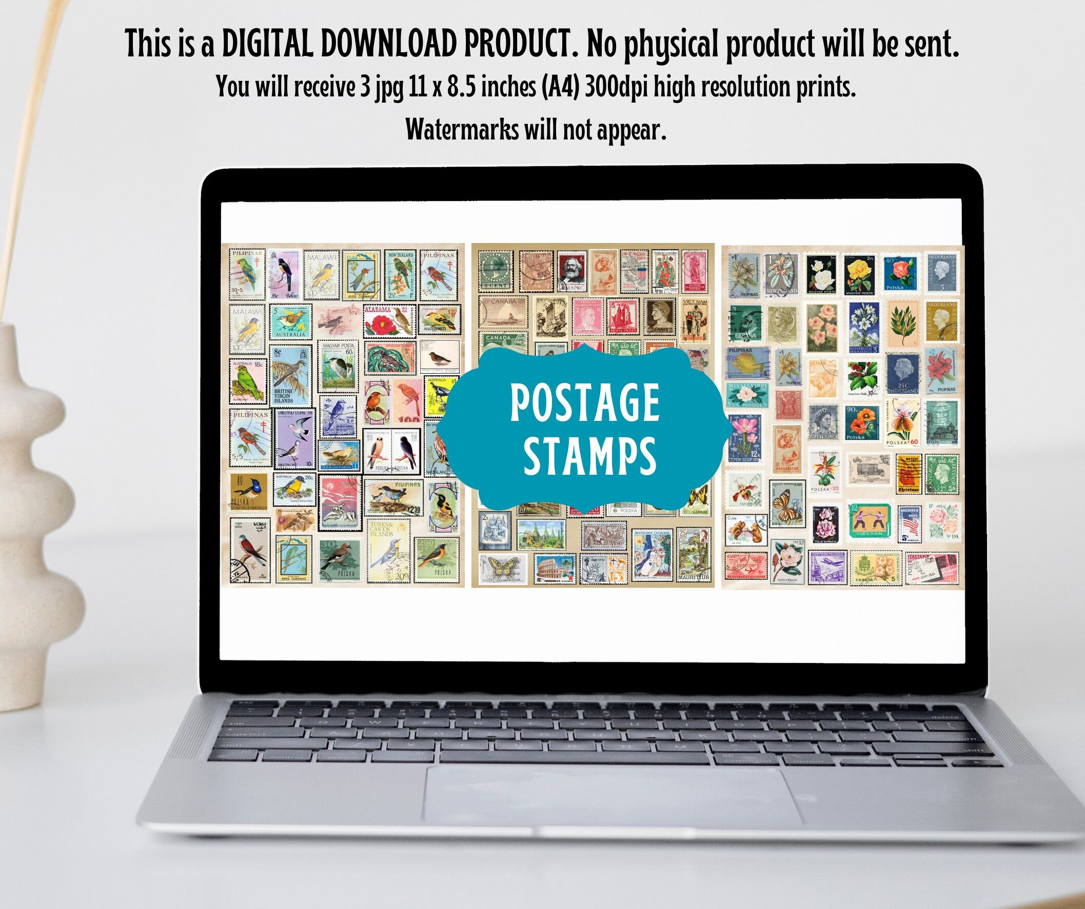 Printable VINTAGE POST STAMPS 3 Pieces A4 Sheets, Junk Journal Stamps ...