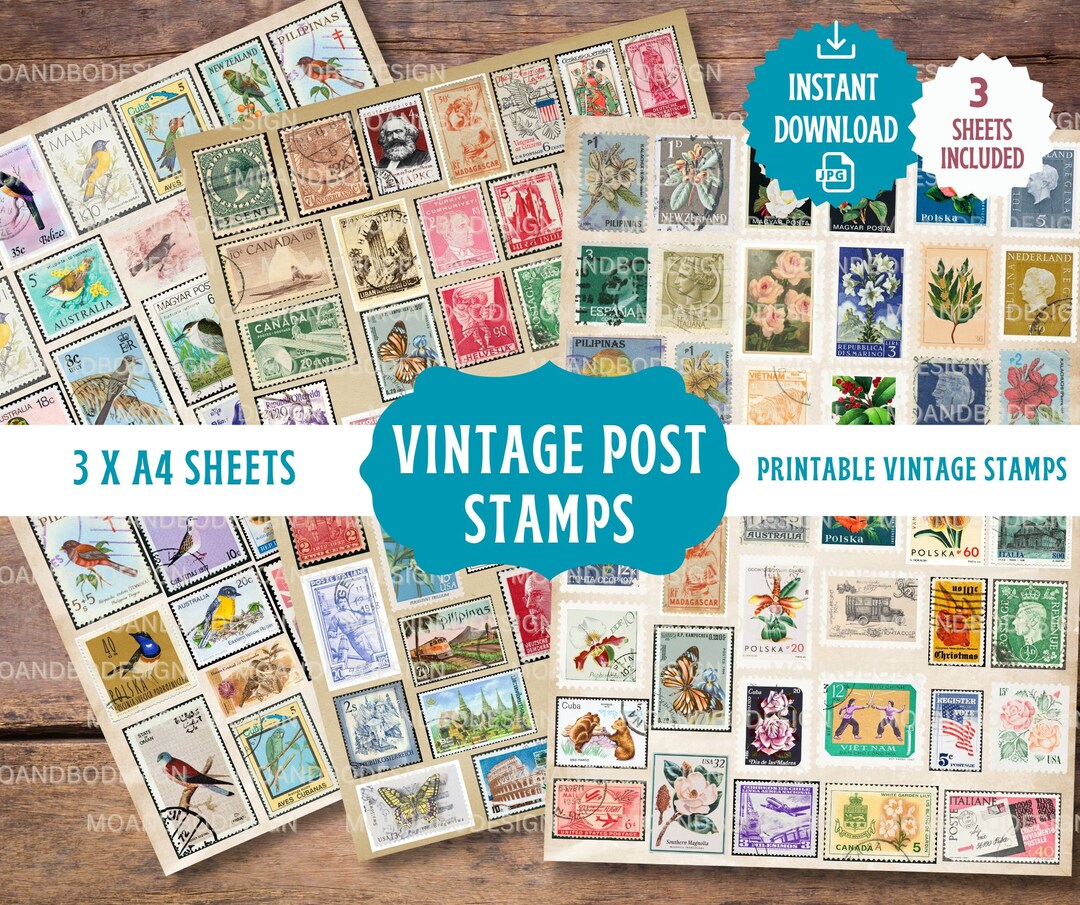Printable VINTAGE POST STAMPS 3 Pieces A4 Sheets, Junk Journal Stamps ...
