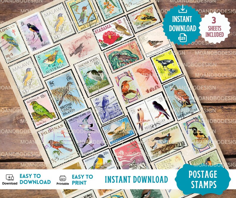 Printable VINTAGE POST STAMPS 3 Pieces A4 Sheets, Junk Journal Stamps ...