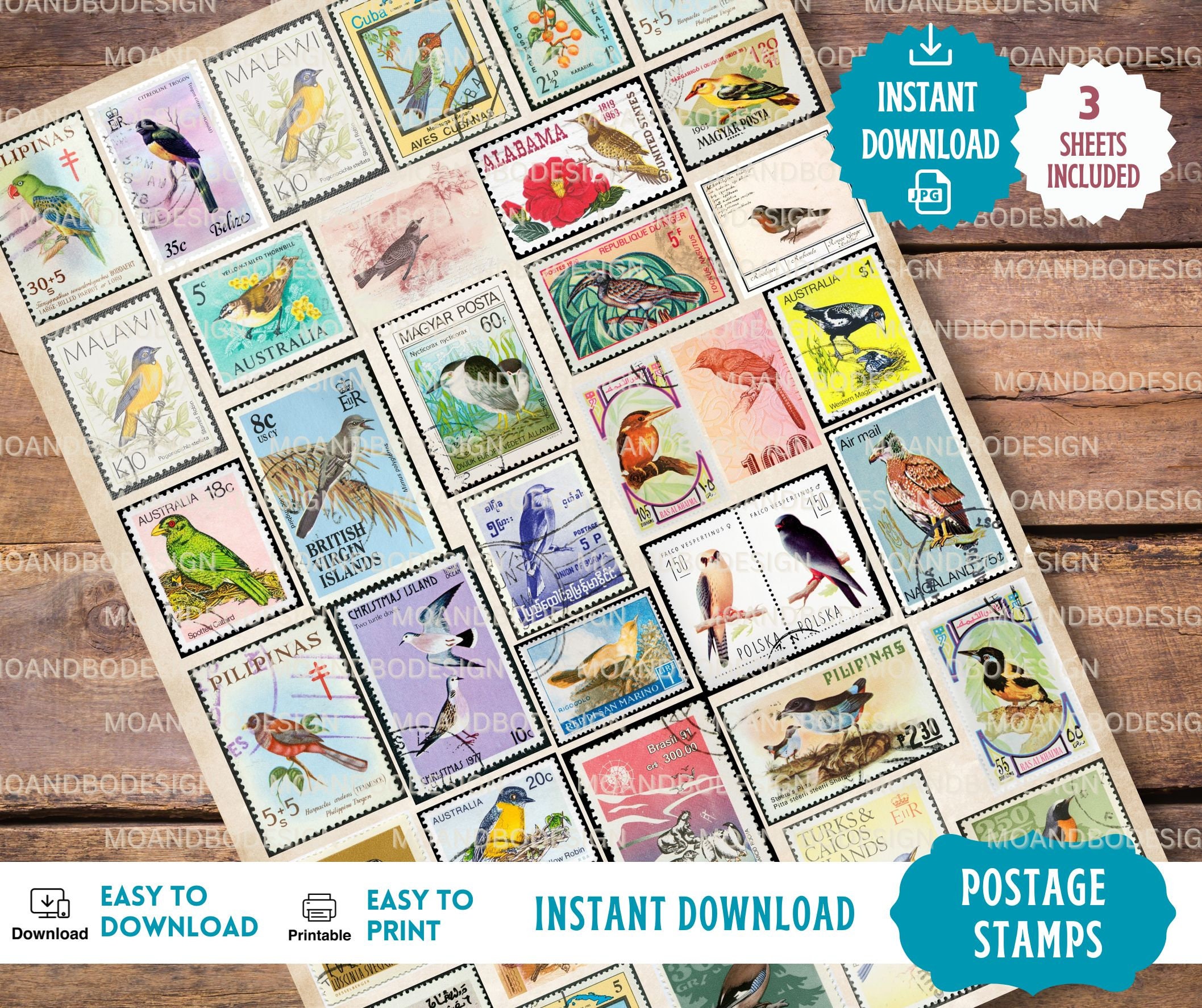 Printable VINTAGE POST STAMPS 3 Pieces A4 Sheets, Junk Journal Stamps ...