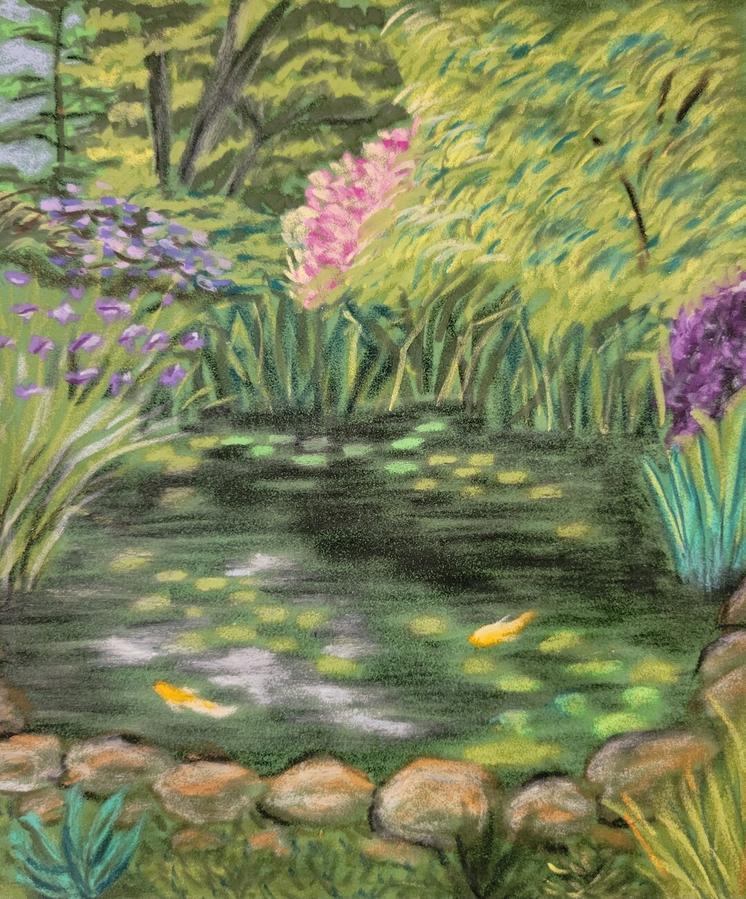 Original Oil Pastel on Koi Pond Garden - Etsy