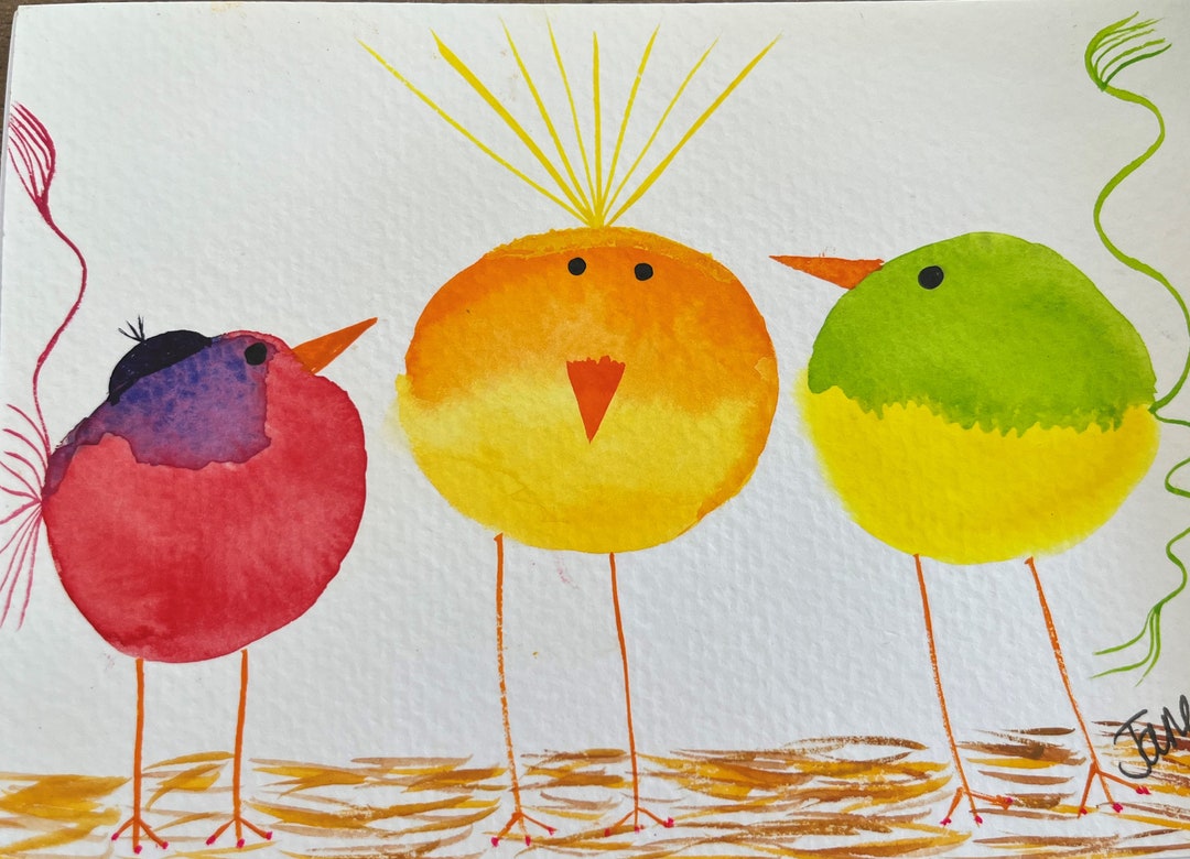 Original Handpainted Whimsical Watercolor Birds 5 X 7 Card - Etsy