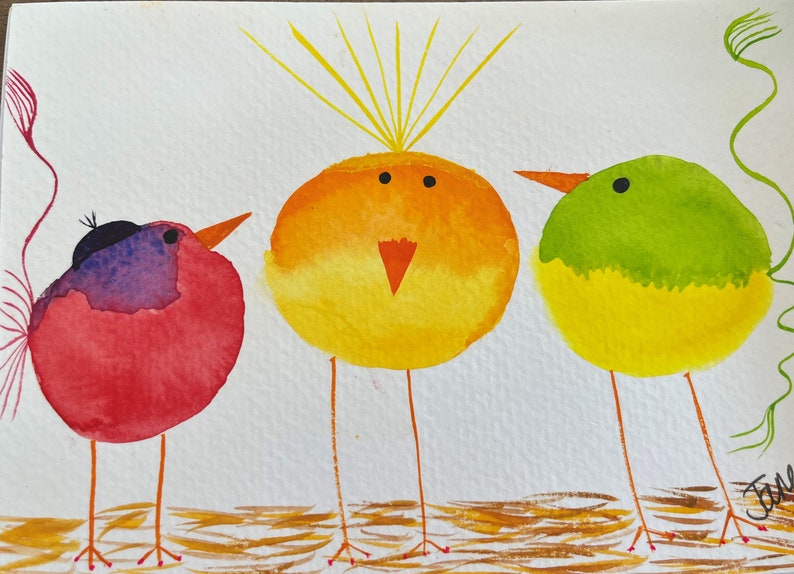 Original Handpainted Whimsical Watercolor Birds 5 X 7 Card - Etsy