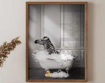 Zebra Digital Art Print, Zebra Taking Shower in Bath Tub, Wall Decor ...