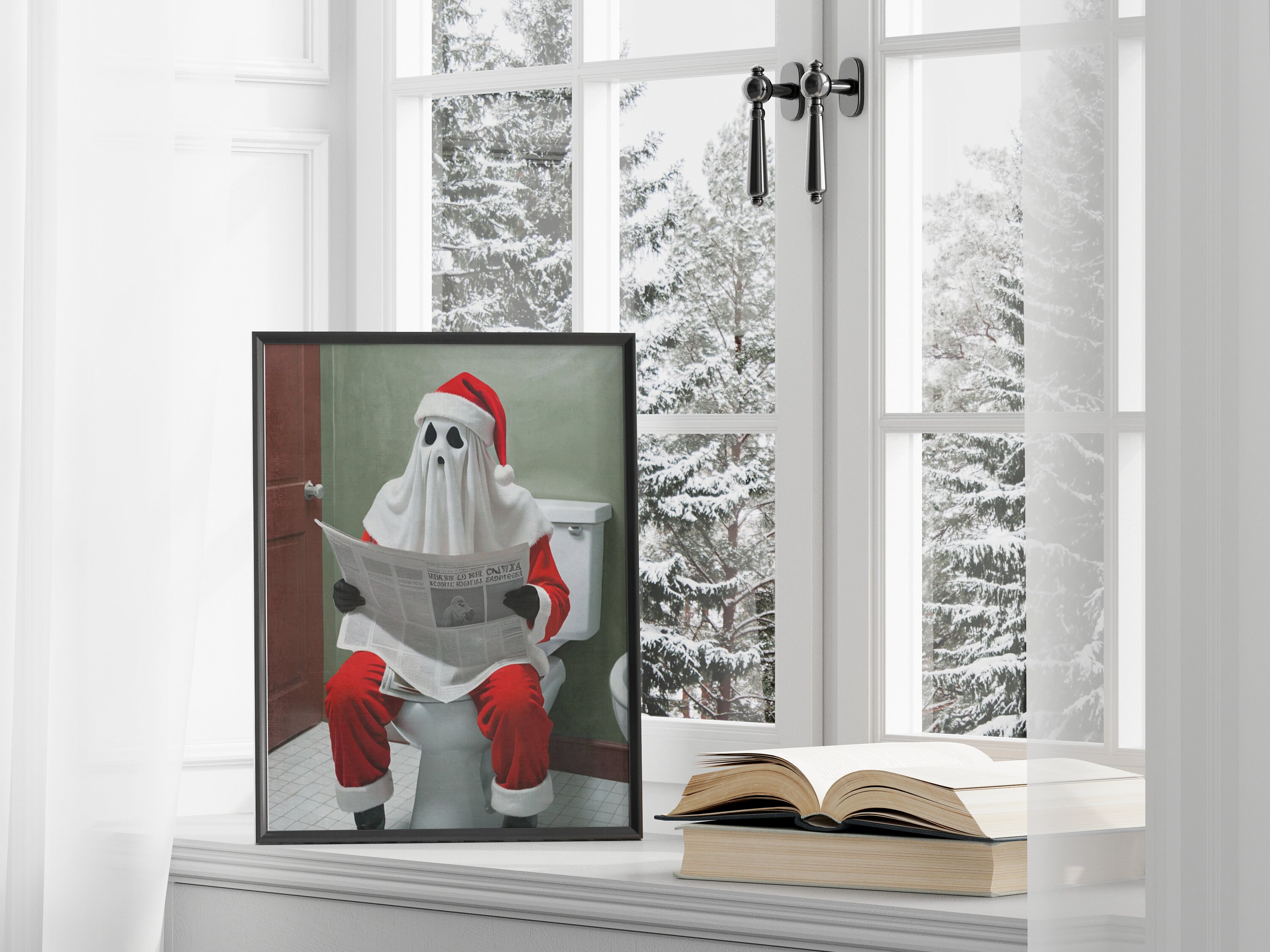 Ghost Santa on Toilet Art Print Printable Holiday Bathroom Art Ghost ...