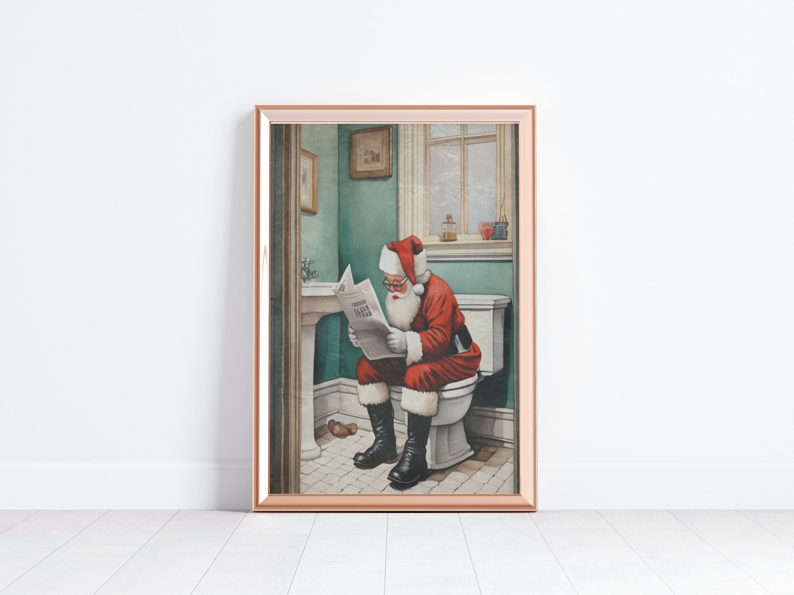 Santa on Toilet Art Print, Printable Holiday Bathroom Decor, Funny ...