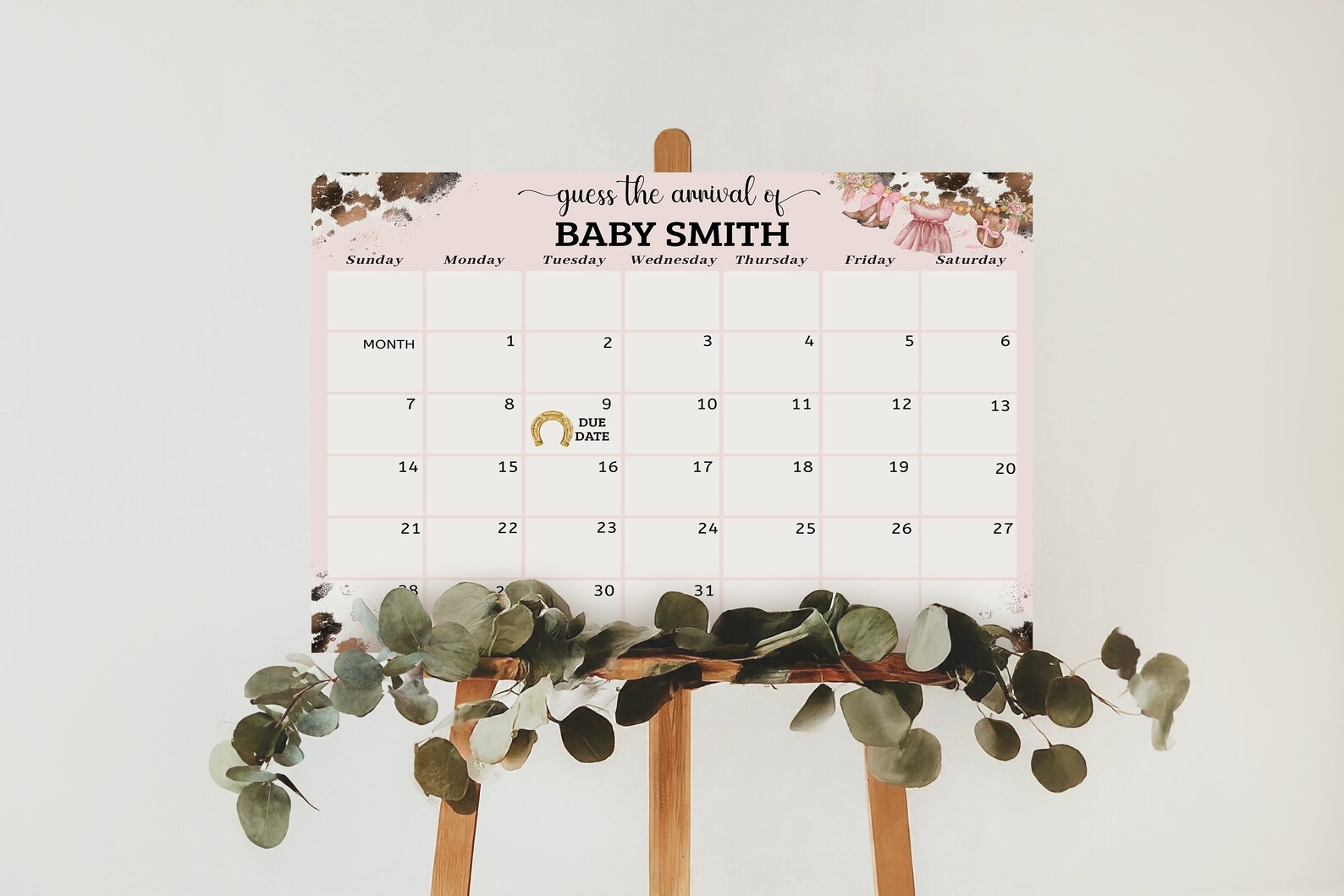 Guess the Due Date Printable Calendar COWGIRL Theme Baby Shower Games ...