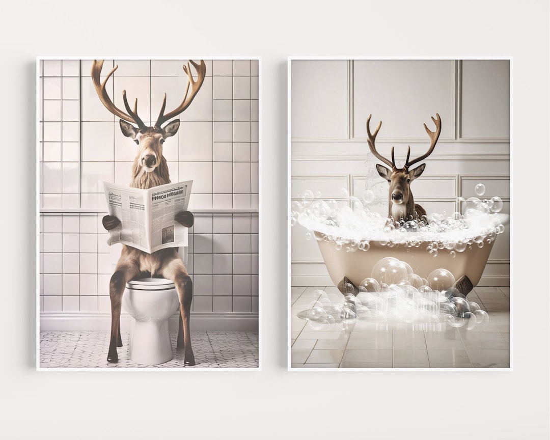 Printable Reindeer Bathroom Decor | Reindeer in Bath Tub Print ...