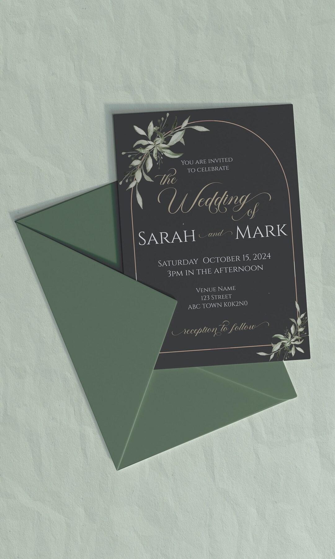 Modern Luxury Black Wedding Invitation Template | Editable Eucalyptus ...
