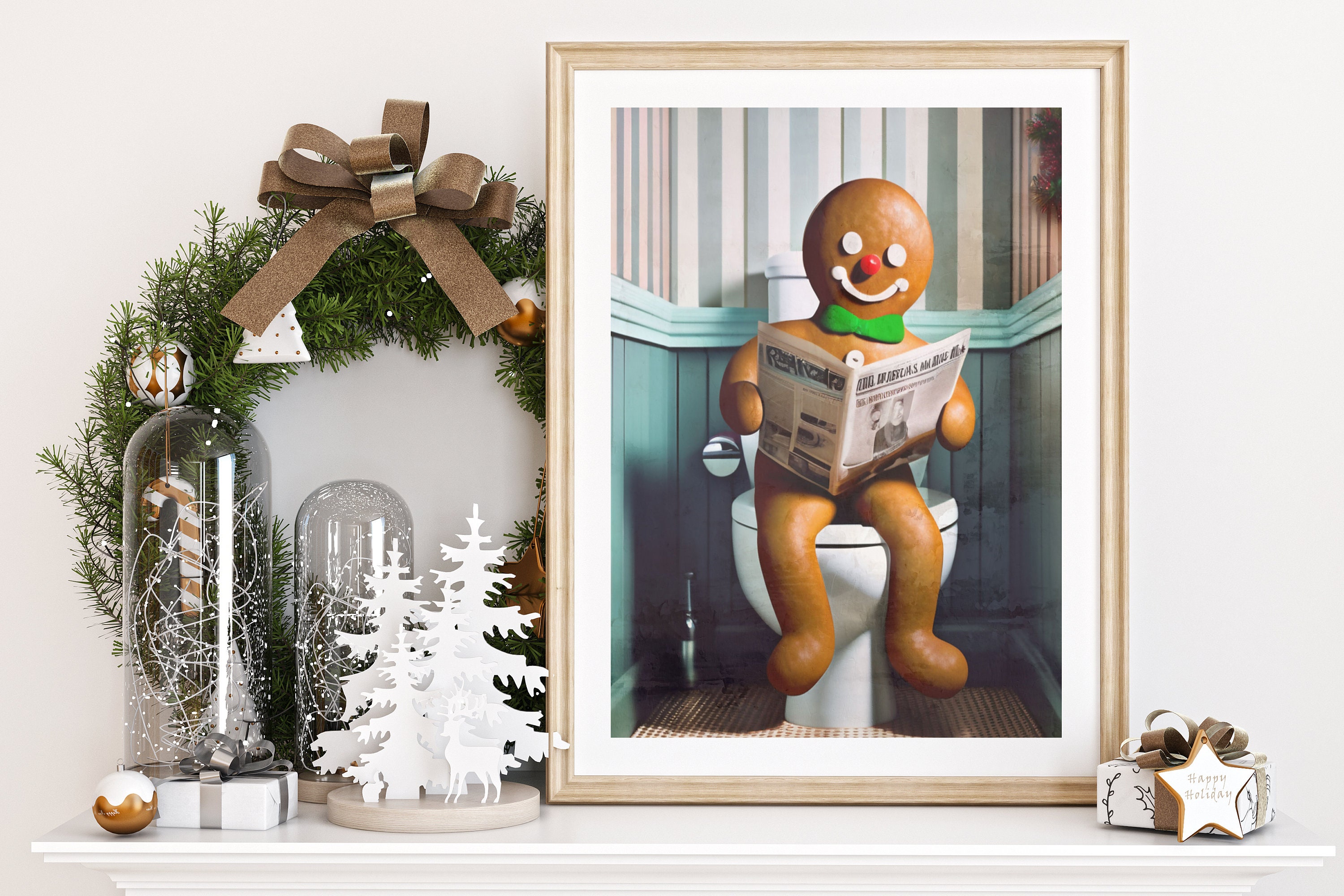 Gingerbread Man on Toilet, Printable Christmas Bathroom Art, Holiday ...
