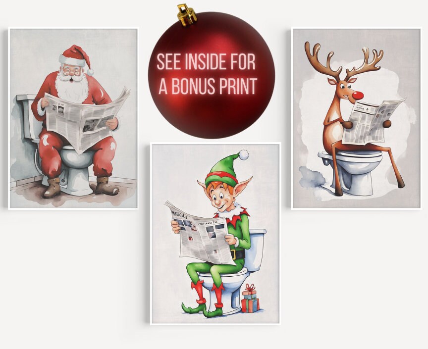 Printable Holiday Bathroom Art Prints | Santa on Toilet | Elf on Toilet ...