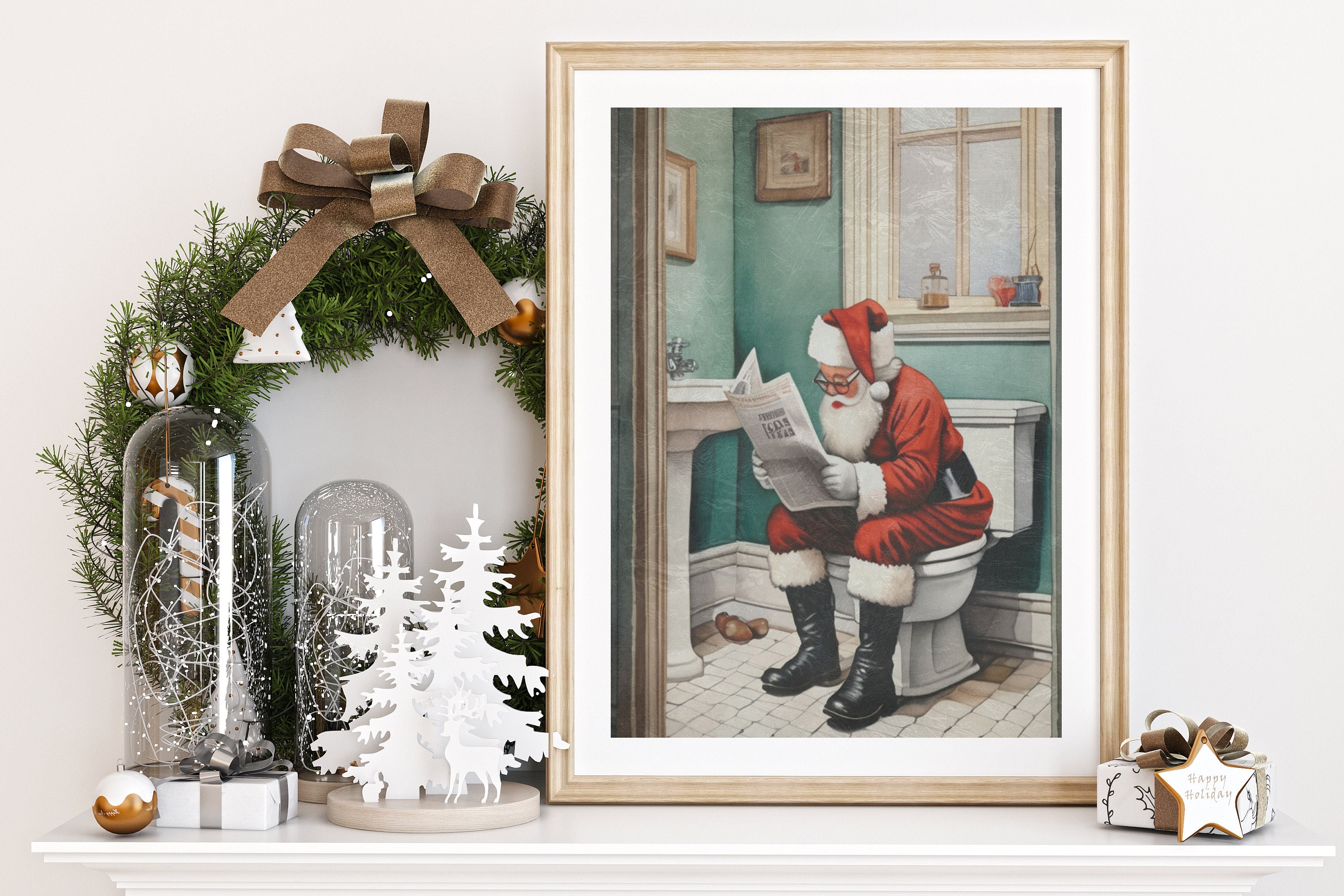 Santa on Toilet Art Print, Printable Holiday Bathroom Decor, Funny ...
