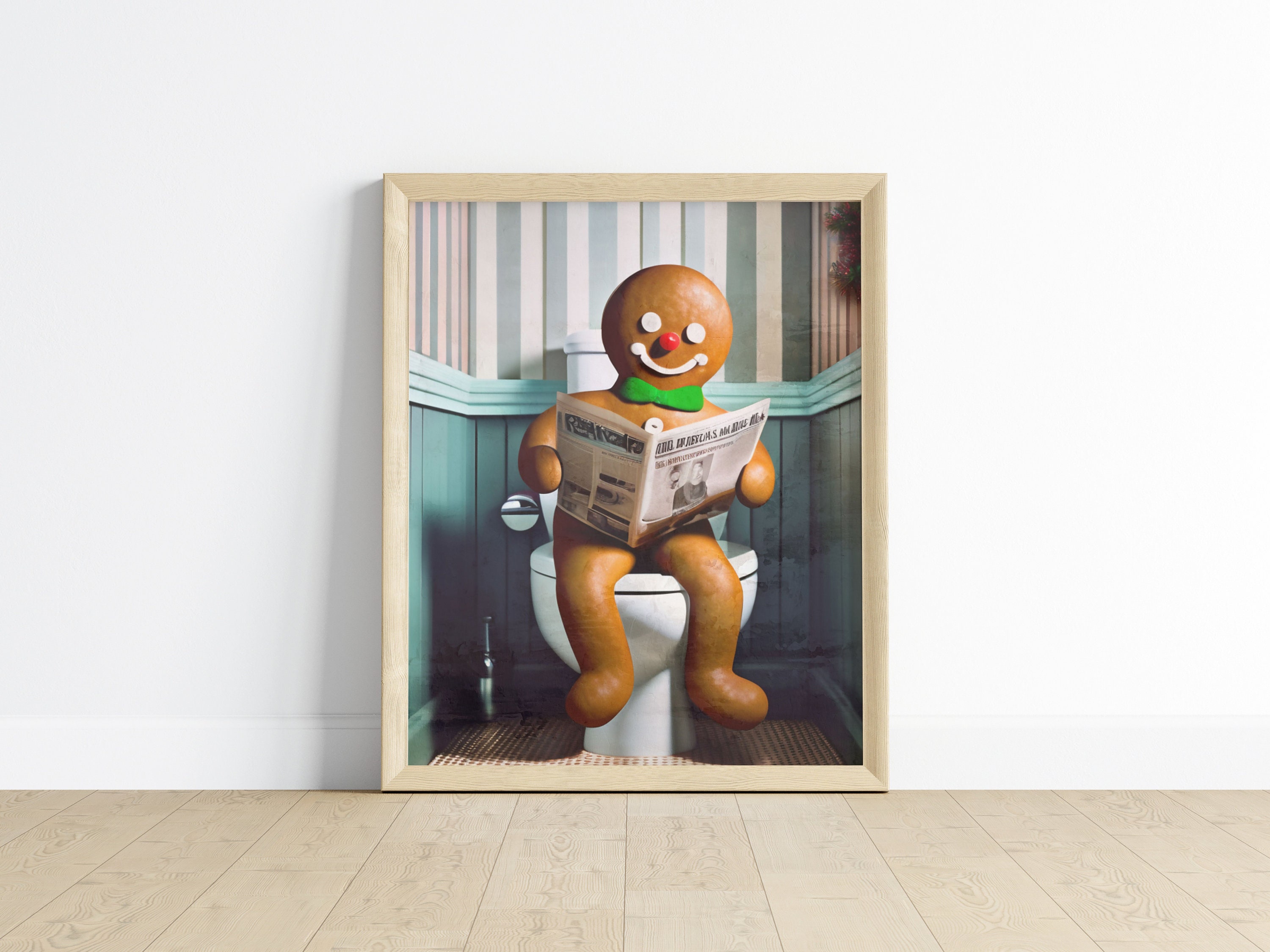 Gingerbread Man on Toilet, Printable Christmas Bathroom Art, Holiday ...